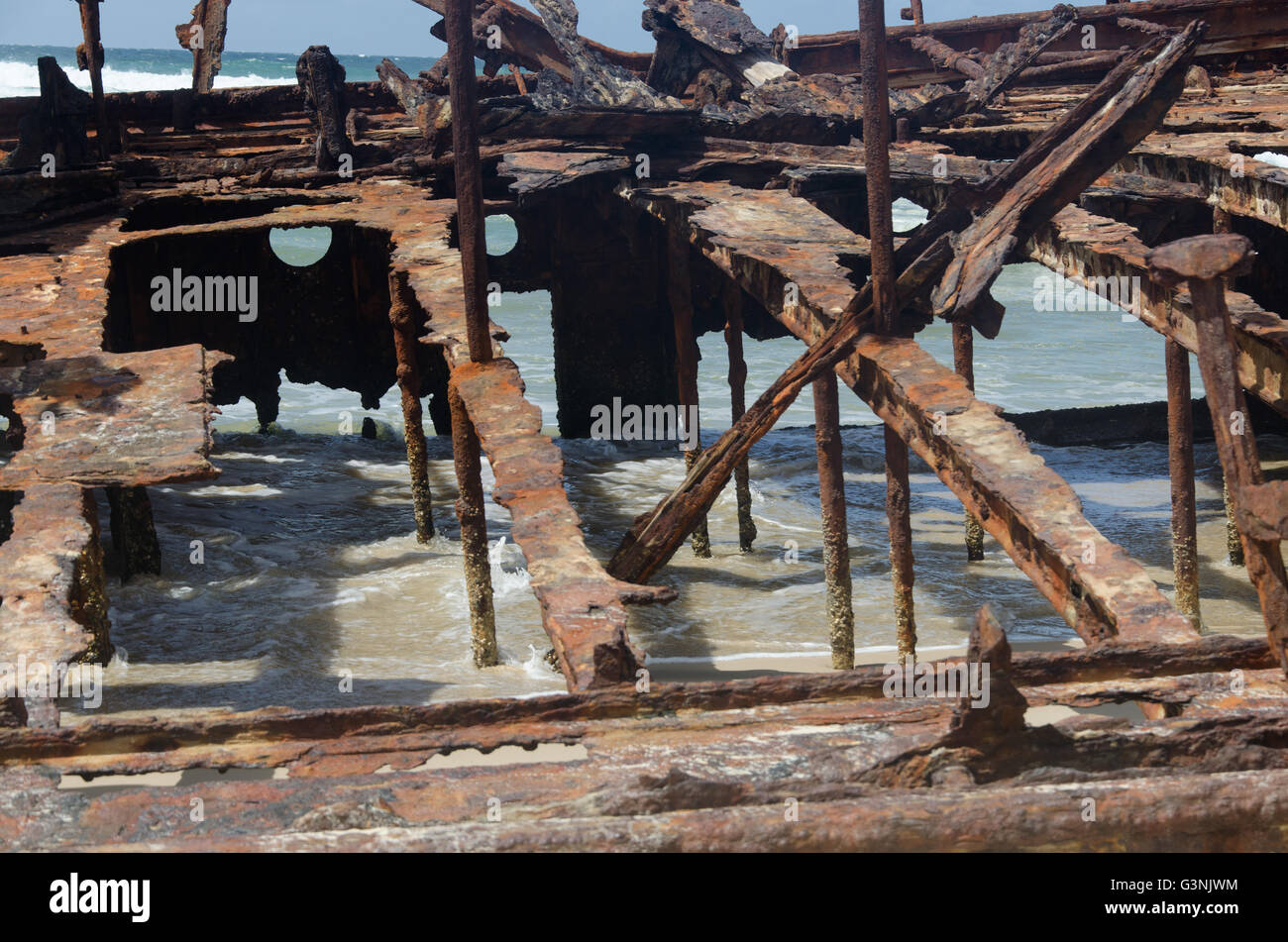 Details of the interior of the SS Maheno luxury shipwreck on clear blue ...