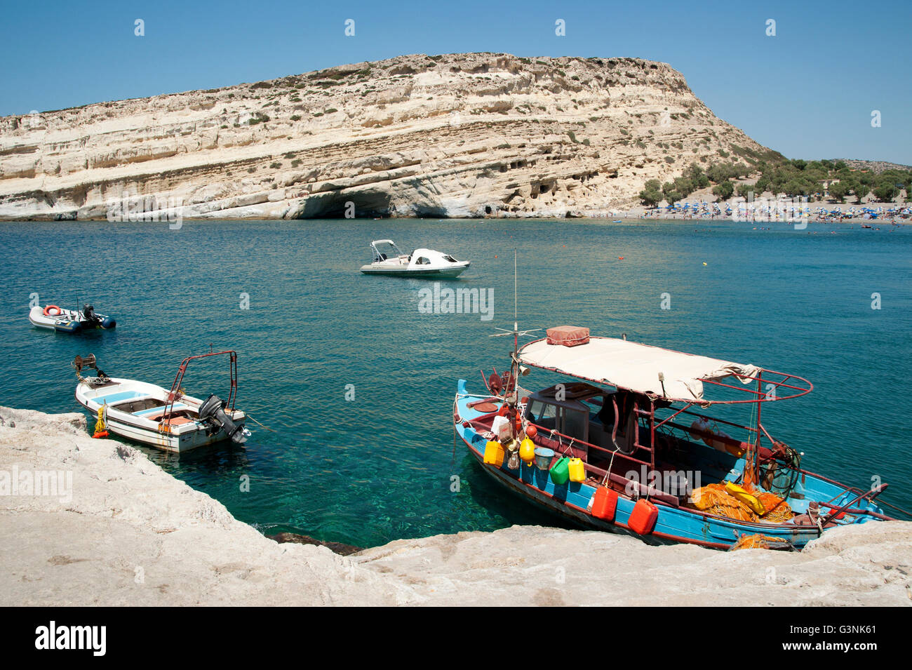 Boats in the bay of Matala, Libyan Sea, southern Crete, Greece, Europe ...