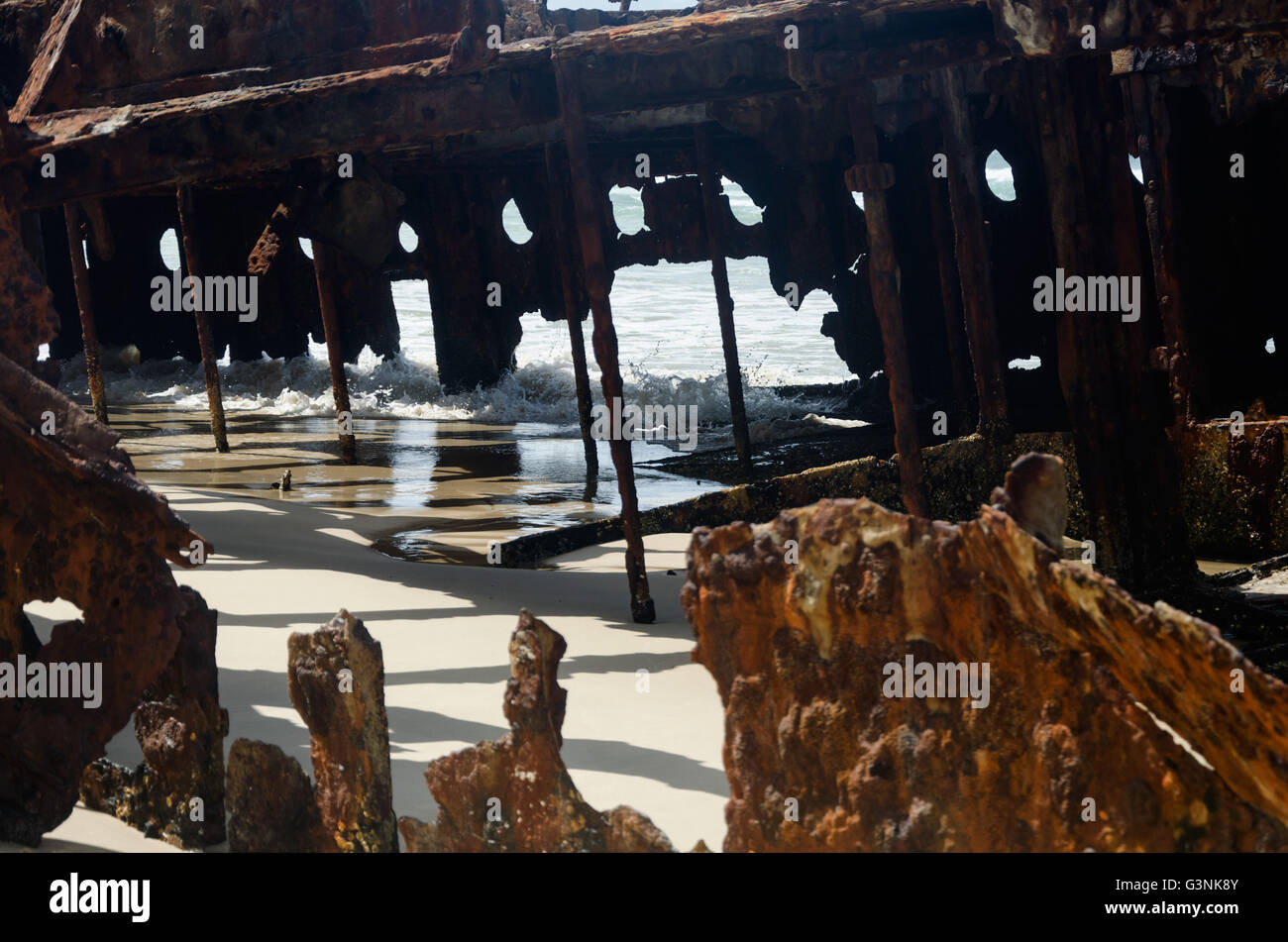 Details of the interior of the SS Maheno luxury shipwreck on clear blue ...