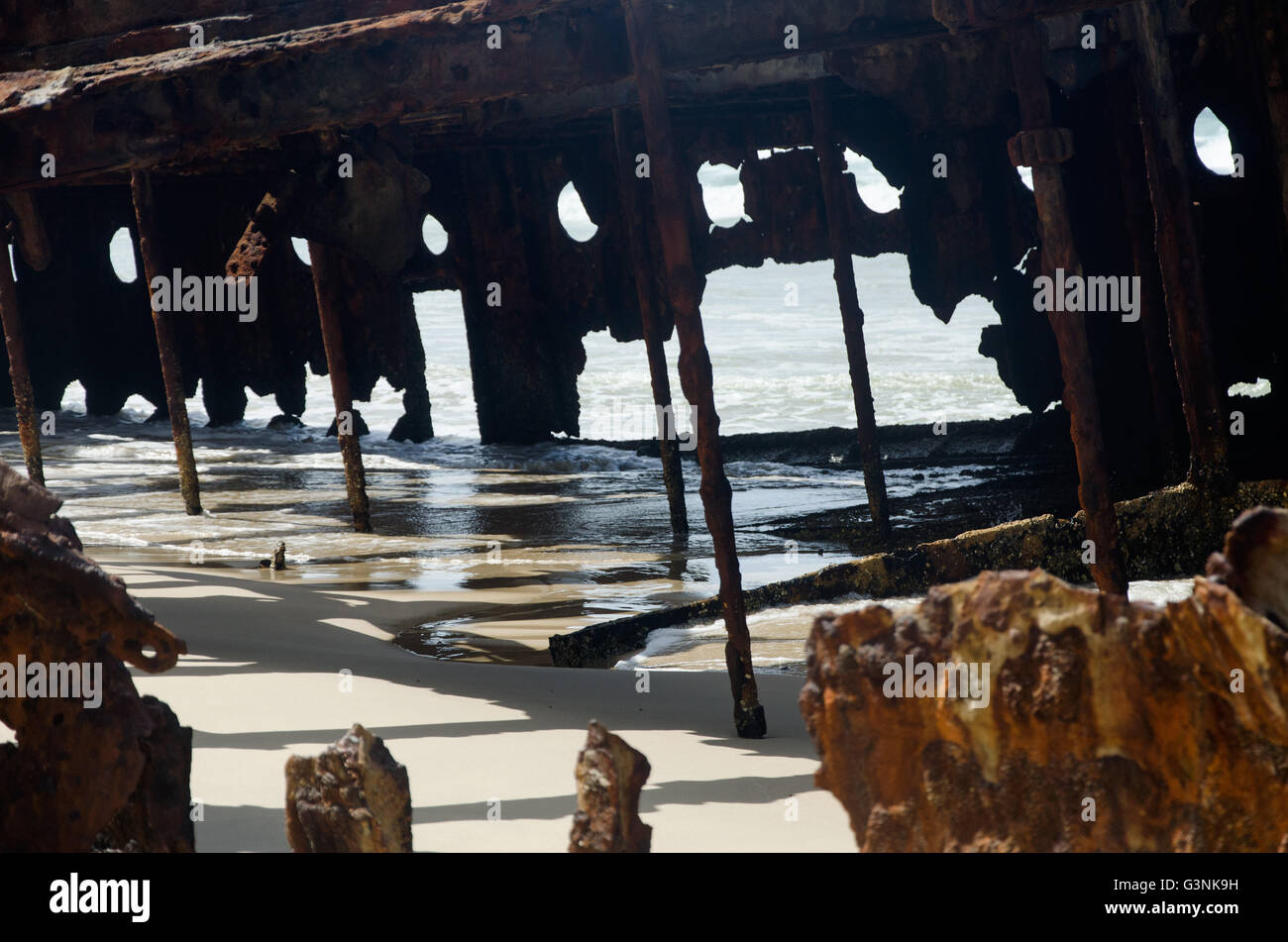 Details of the interior of the SS Maheno luxury shipwreck on clear blue ...