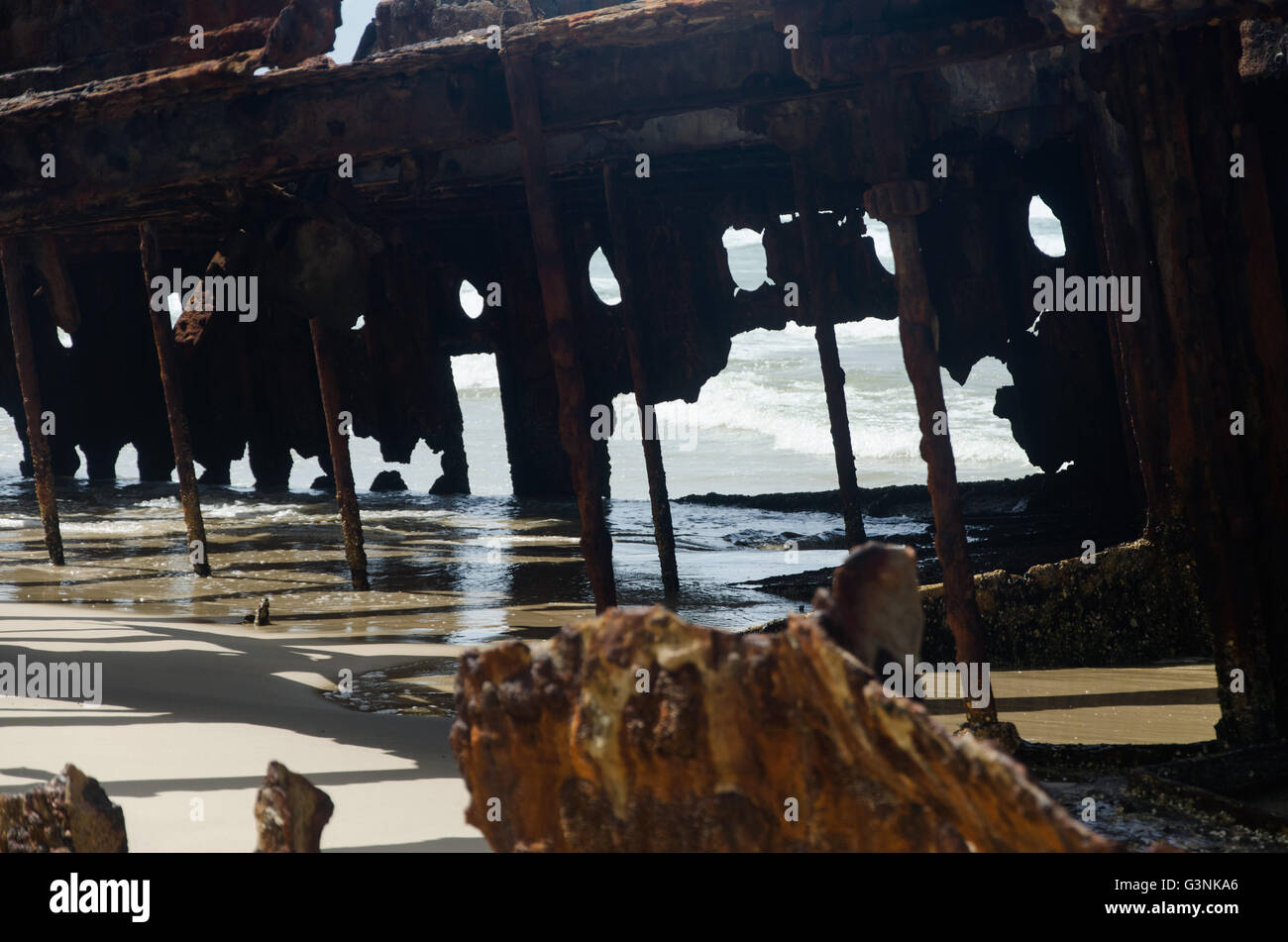 Details of the interior of the SS Maheno luxury shipwreck on clear blue ...