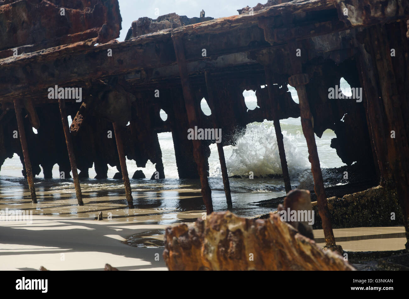 Details of the interior of the SS Maheno luxury shipwreck on clear blue ...