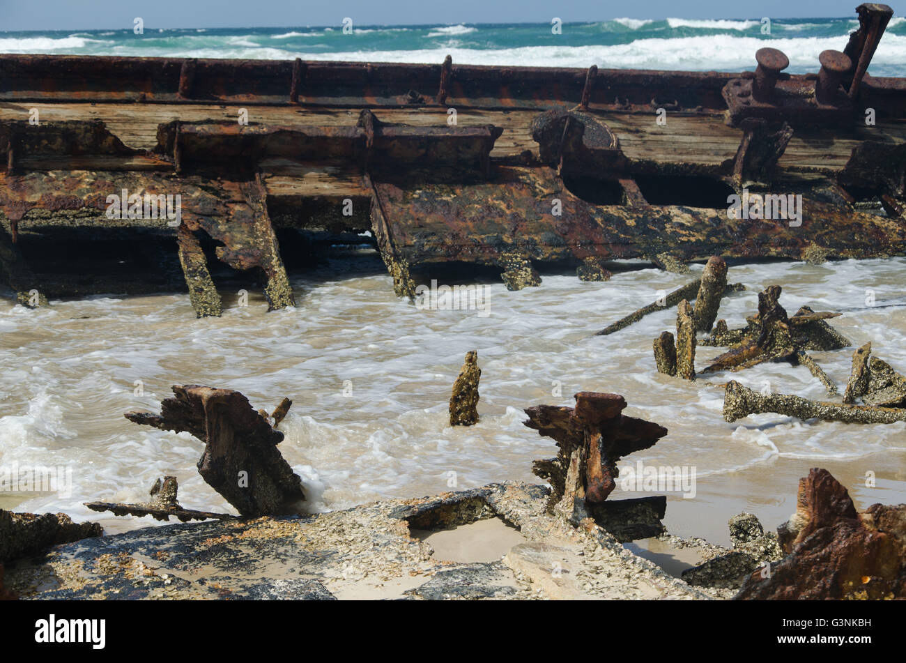 Impressive SS Maheno luxury shipwreck resting on the beach on clear ...