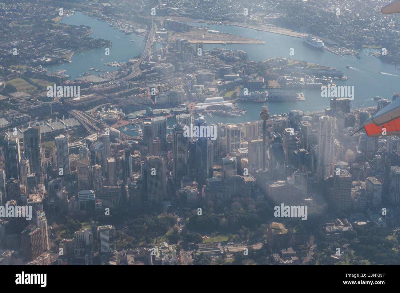 Sydney CBD view from an airplane window, flying over westfield tower ...