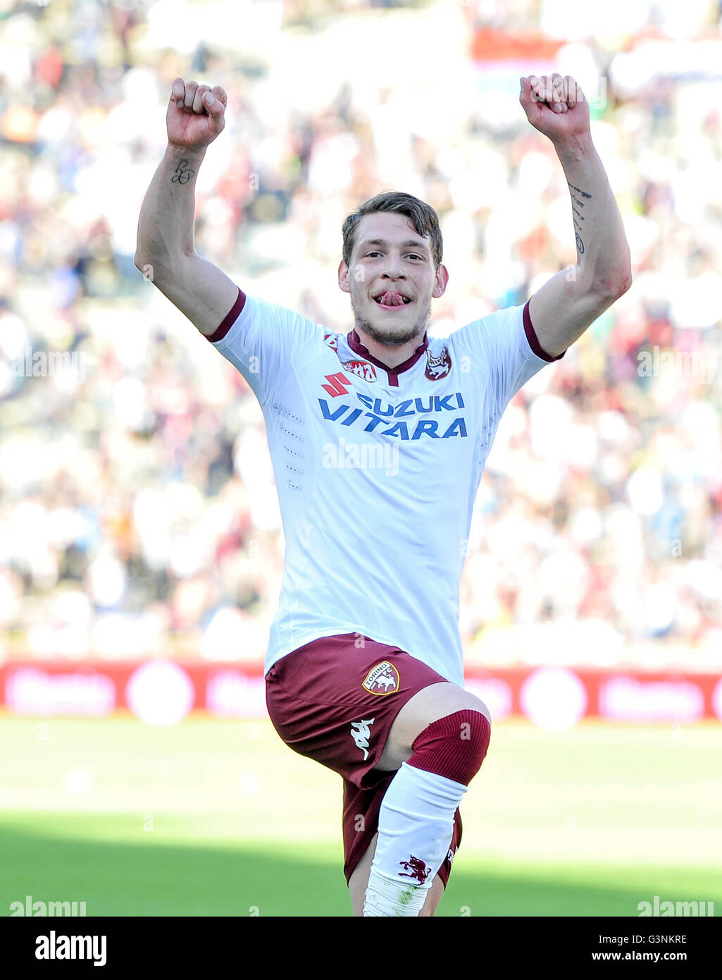 Bologna, Italy. 16th Apr, 2016. Andrea Belotti celebrates at the end of ...
