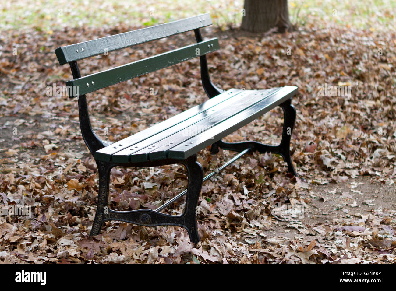 Park bench surrounded by autumn leaves Stock Photo - Alamy