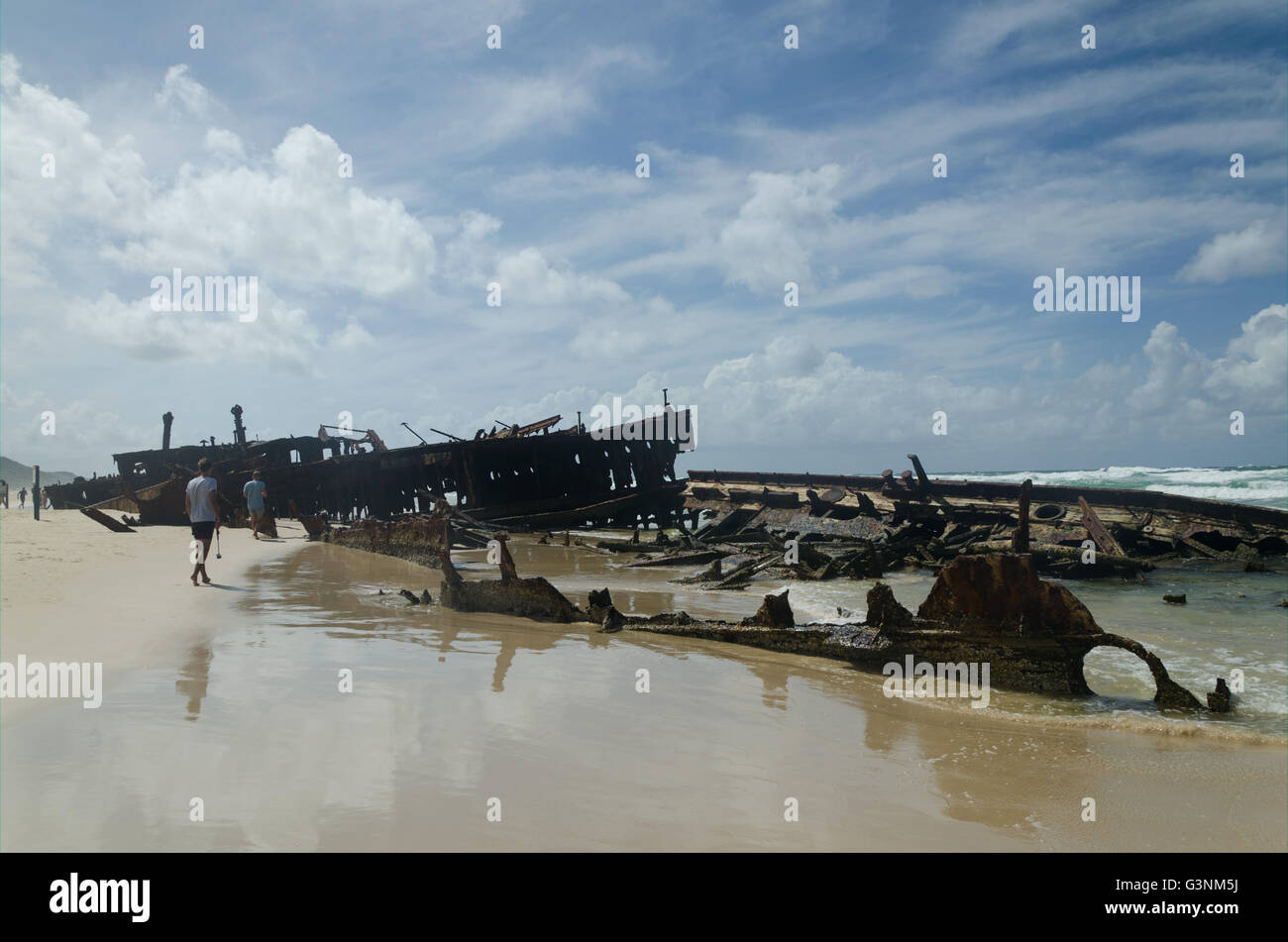 Impressive SS Maheno luxury shipwreck resting on the beach on clear ...