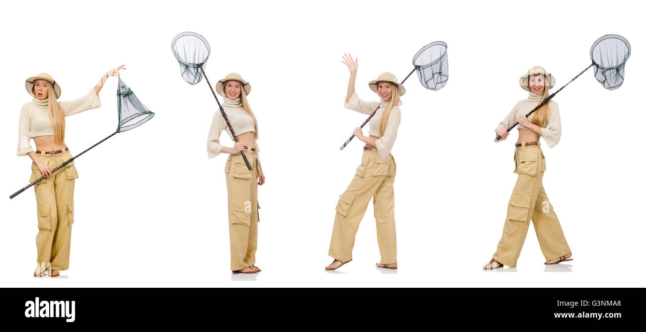 Woman with catching net on white Stock Photo - Alamy