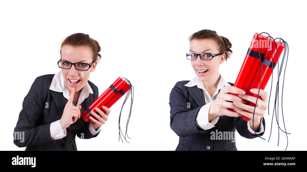Woman businesswoman with dynamite stick isolated on white Stock Photo ...