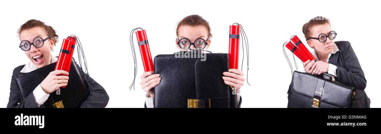 Woman businesswoman with dynamite stick isolated on white Stock Photo ...