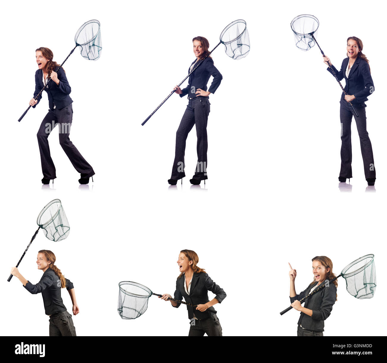 Woman with net isolated on white Stock Photo - Alamy