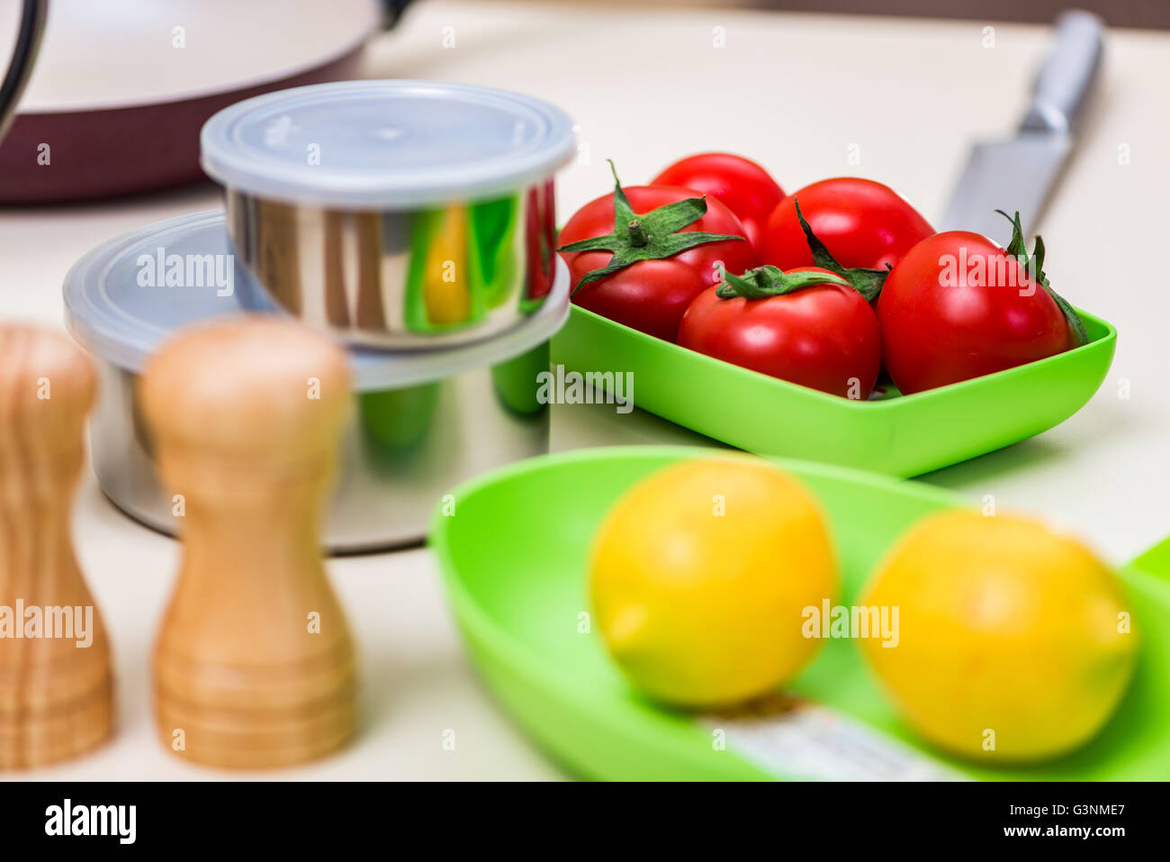 Set of kitchen utensils on the table Stock Photo - Alamy