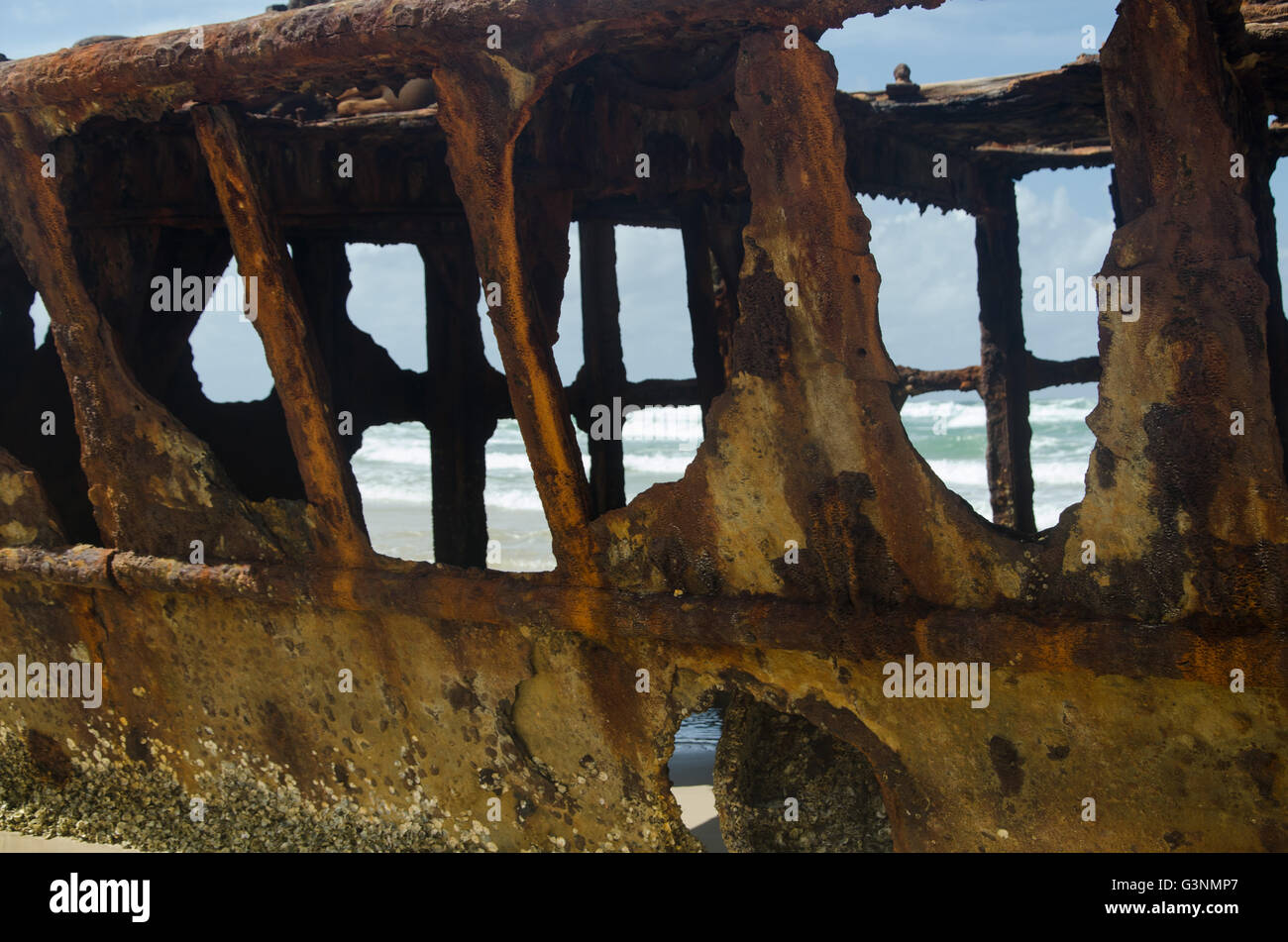 Details of the interior of the SS Maheno luxury shipwreck on clear blue ...