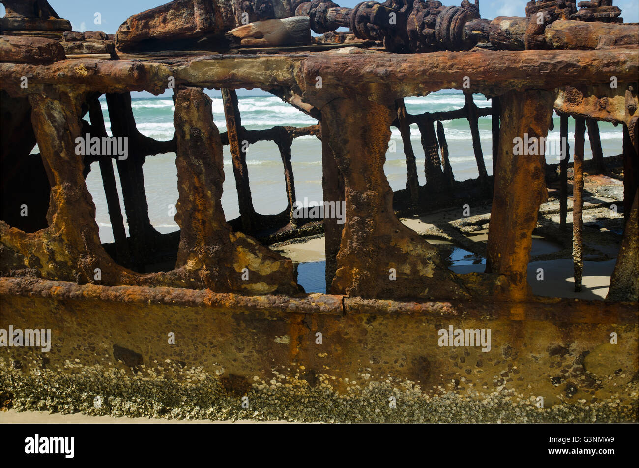 Details of the interior of the SS Maheno luxury shipwreck on clear blue ...