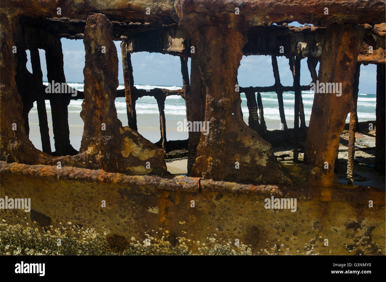 Details of the interior of the SS Maheno luxury shipwreck on clear blue ...