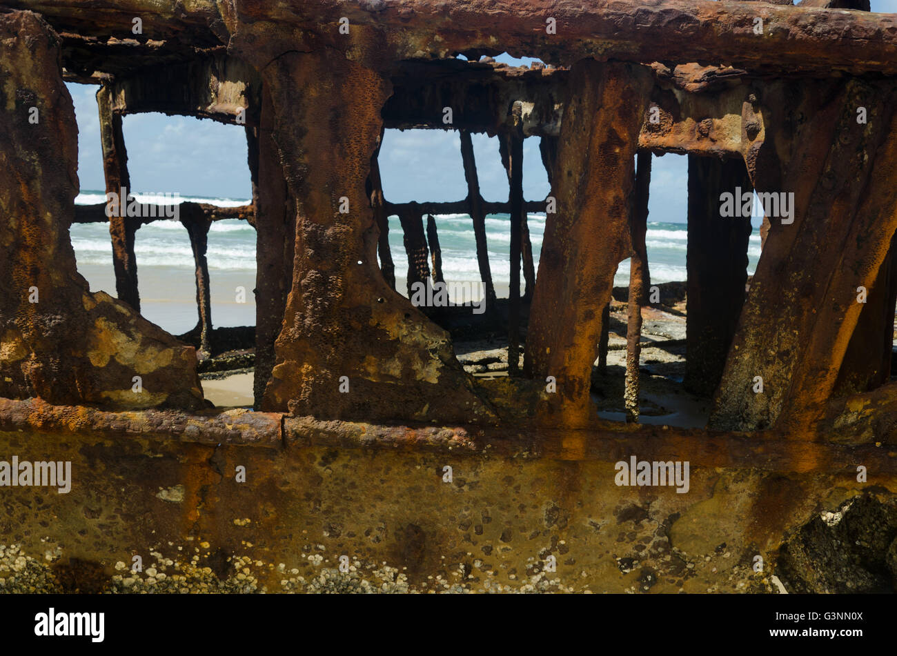 Details of the interior of the SS Maheno luxury shipwreck on clear blue ...