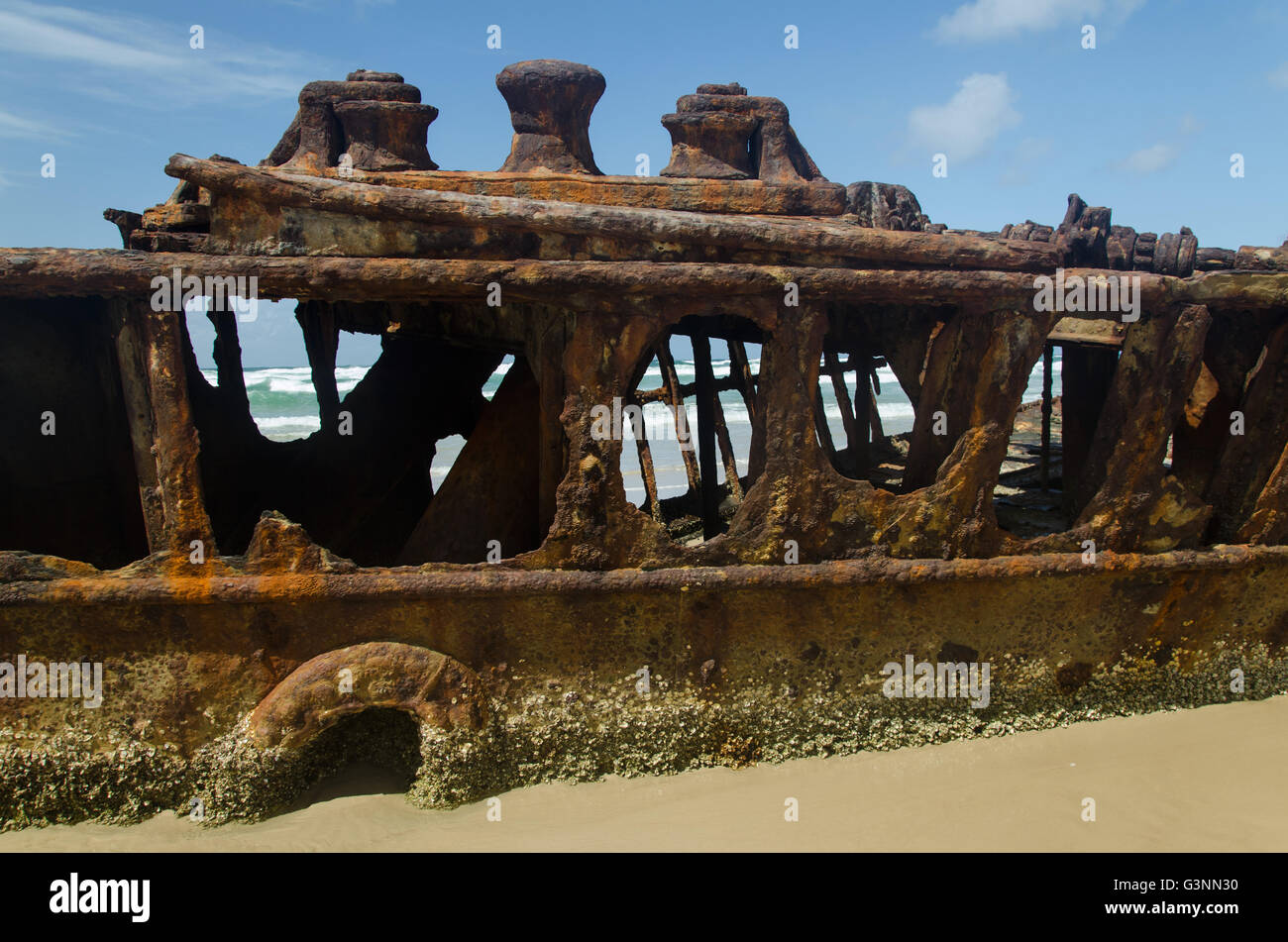 Details of the interior of the SS Maheno luxury shipwreck on clear blue ...