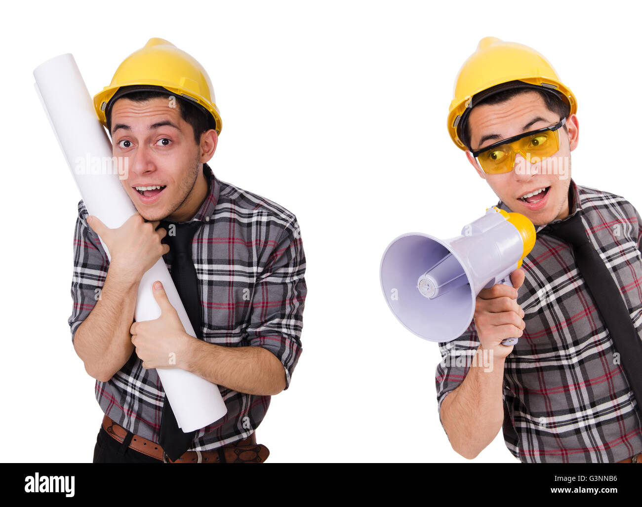 Funny man with blueprints on white Stock Photo - Alamy