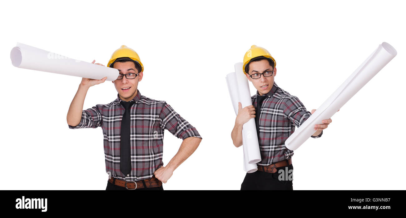 Funny man with blueprints on white Stock Photo - Alamy