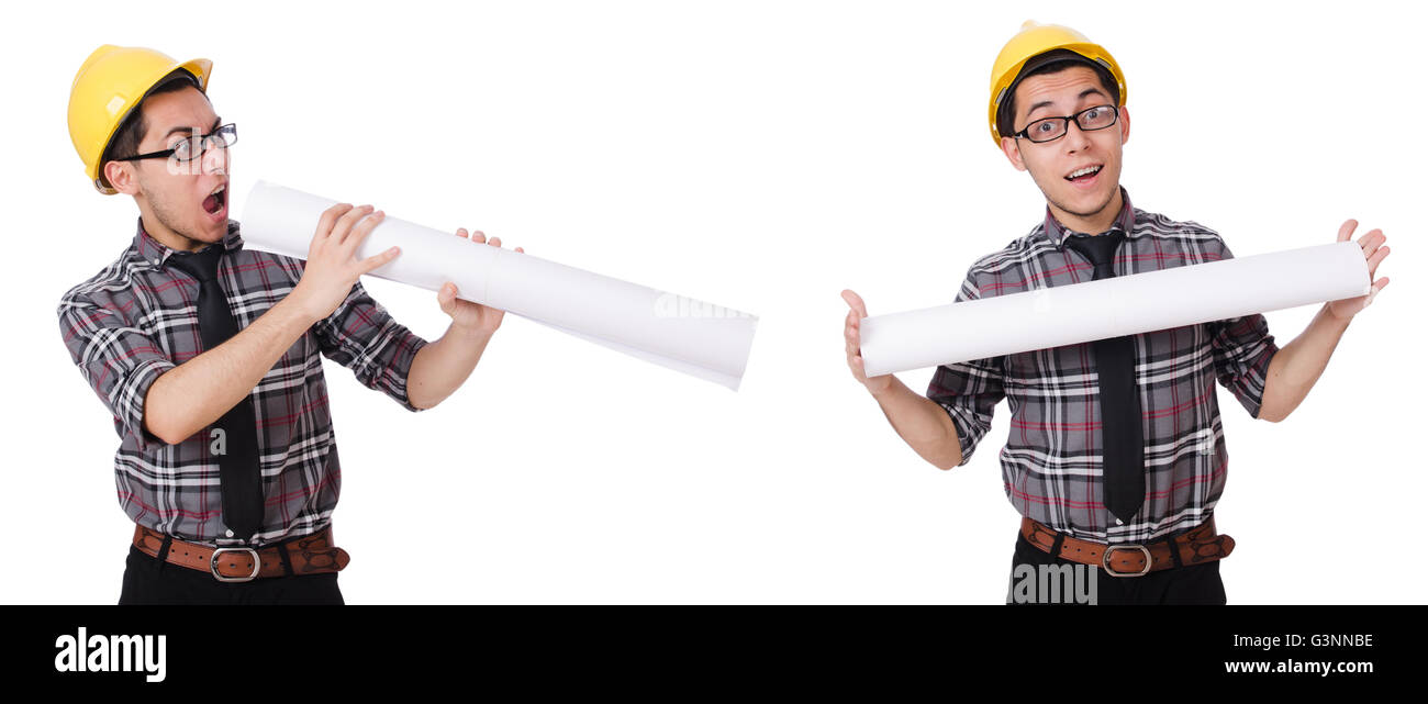 Funny man with blueprints on white Stock Photo - Alamy