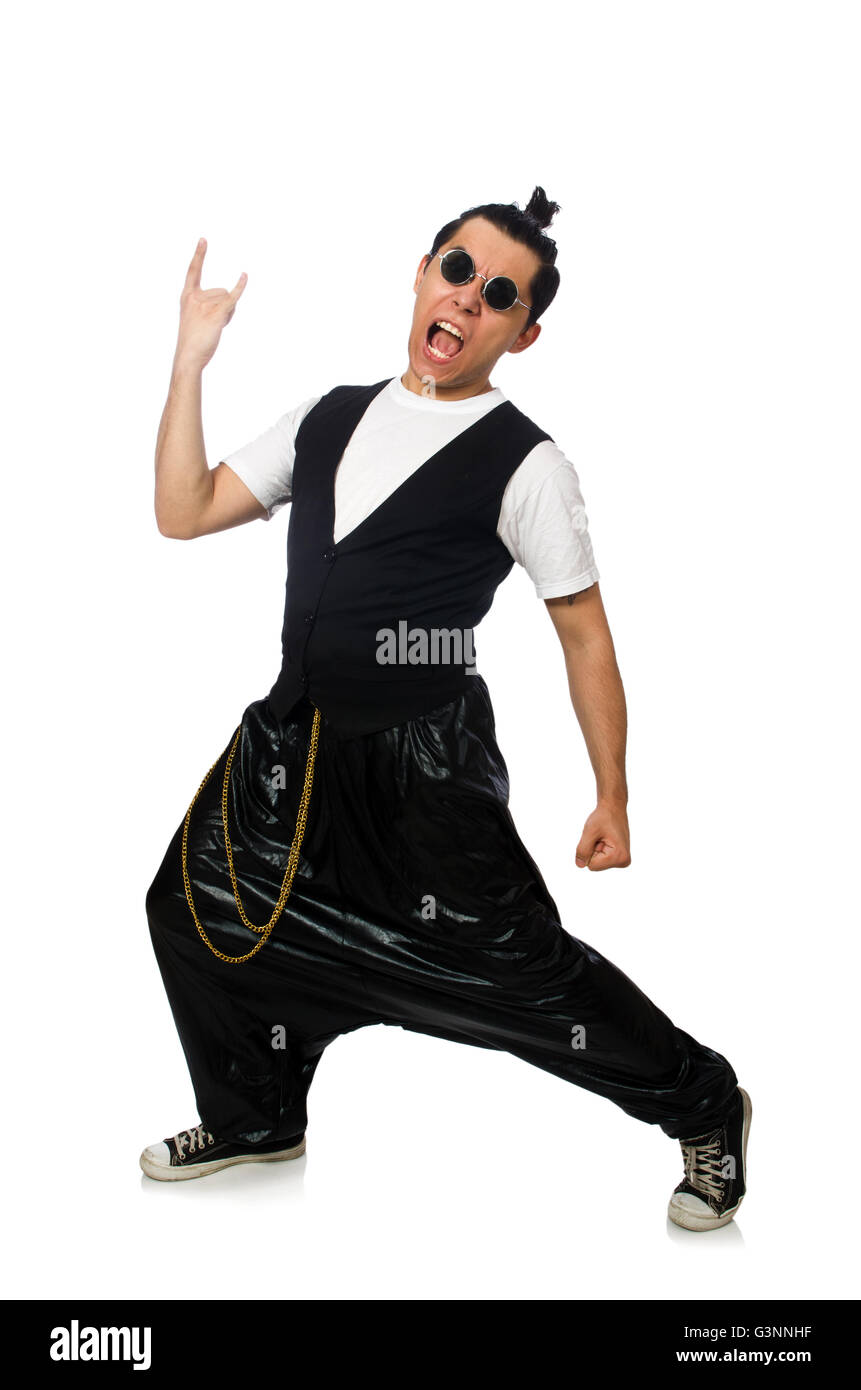 Funny young man dancing isolated on white Stock Photo - Alamy