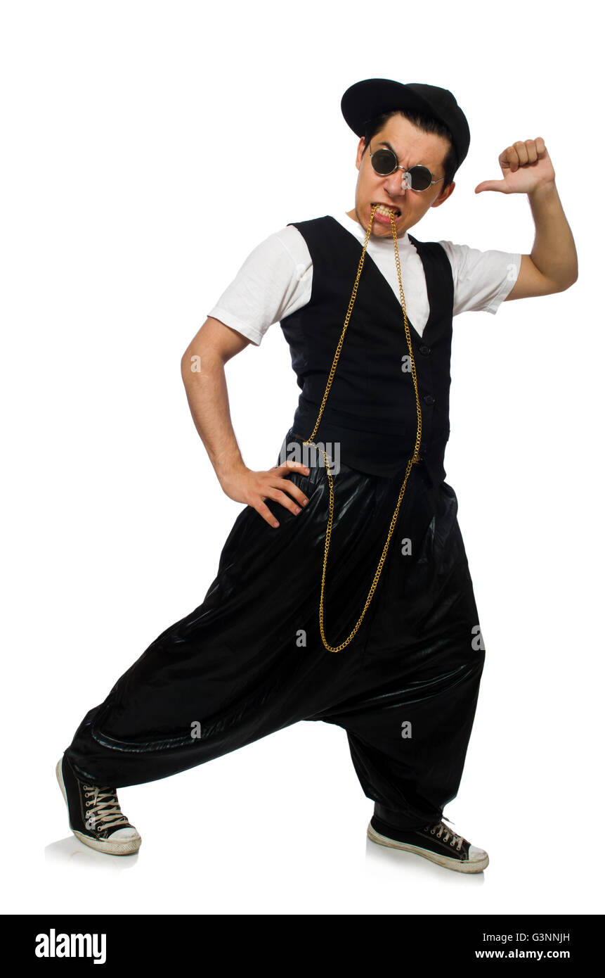Funny young man dancing isolated on white Stock Photo - Alamy