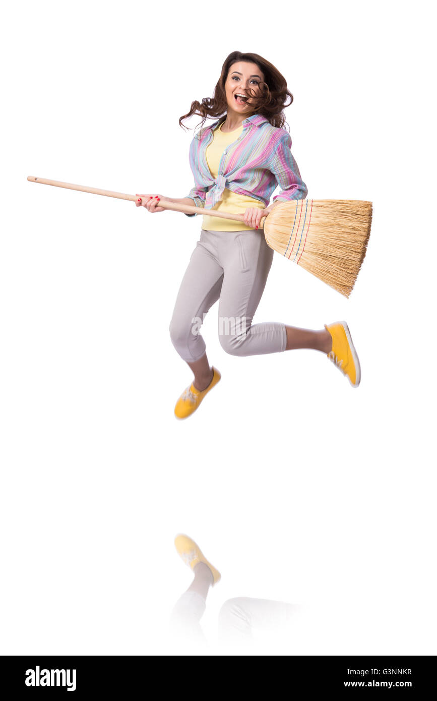 Woman sweeping floor isolated on white Stock Photo - Alamy
