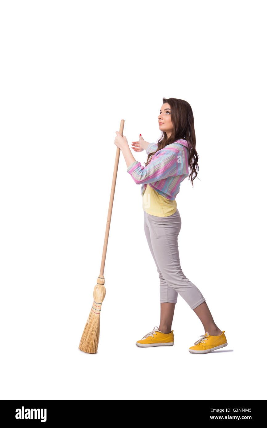 Woman sweeping floor isolated on white Stock Photo - Alamy