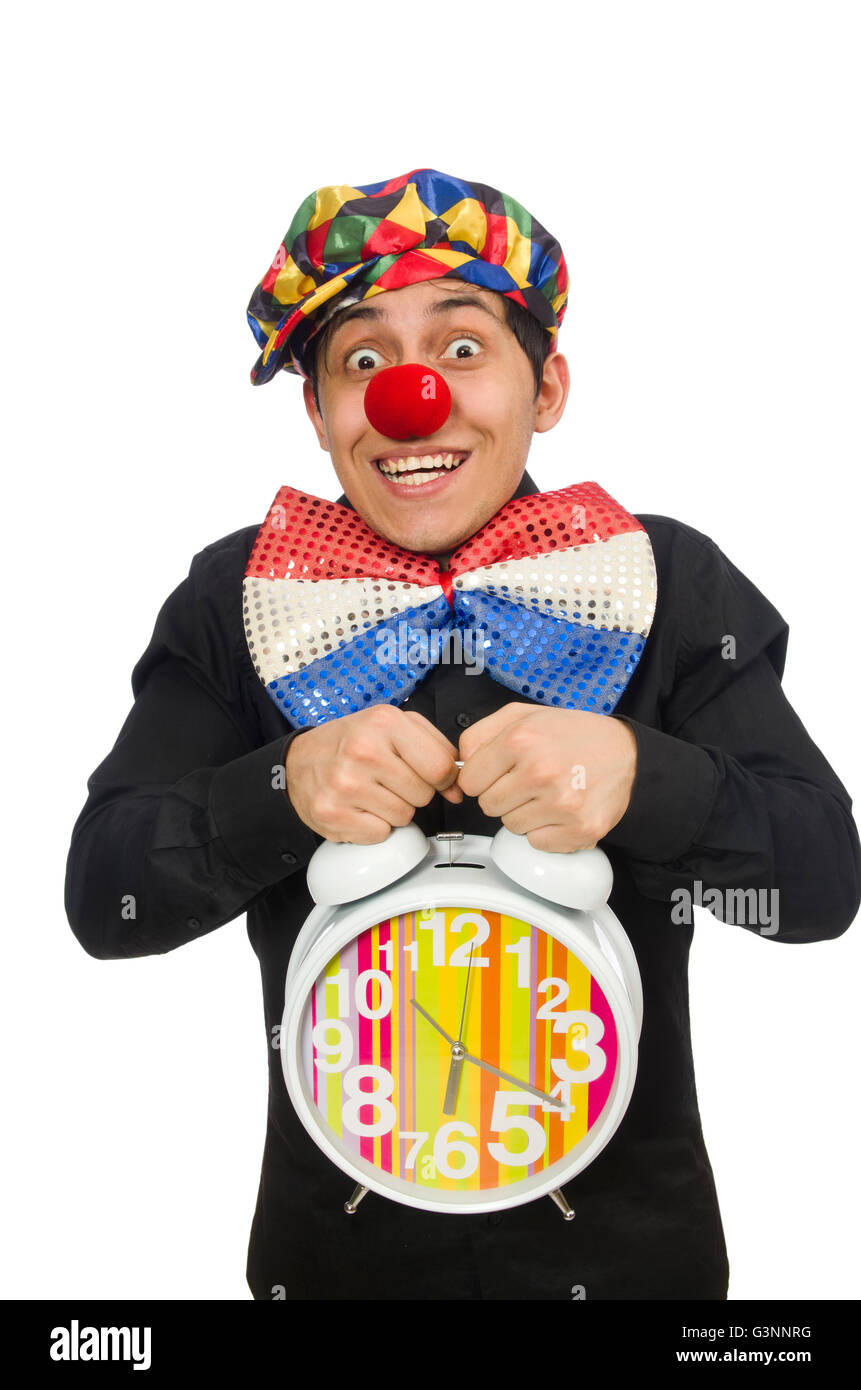 Funny clown with clock isolated on white Stock Photo - Alamy