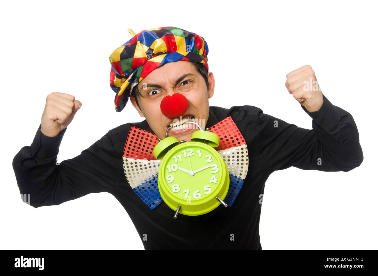 Funny clown with clock isolated on white Stock Photo - Alamy