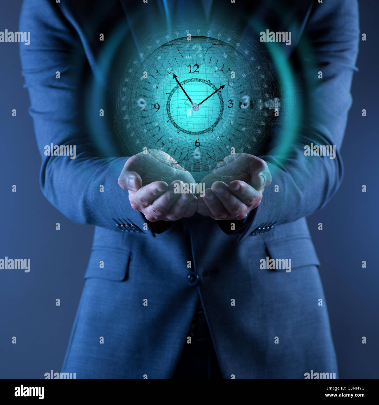 Businessman holding virtual clock in time is money concept Stock Photo ...