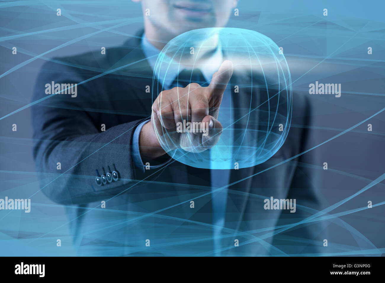 Businessman pressing virtual button in futuristic concept Stock Photo ...