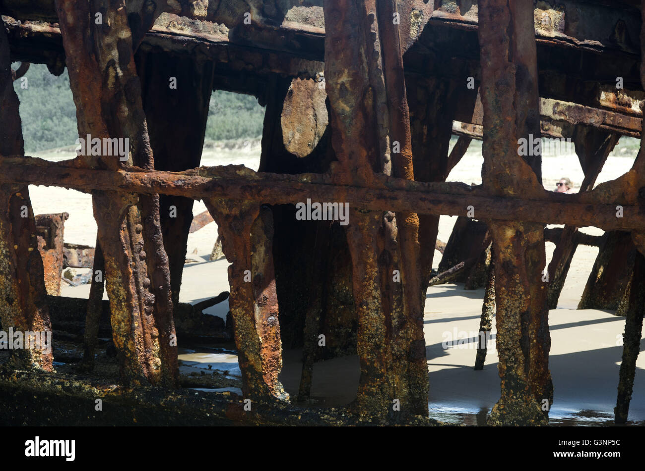 Details of the interior of the SS Maheno luxury shipwreck on clear blue ...