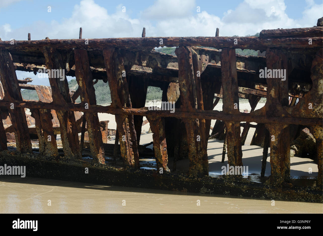 Details of the interior of the SS Maheno luxury shipwreck on clear blue ...