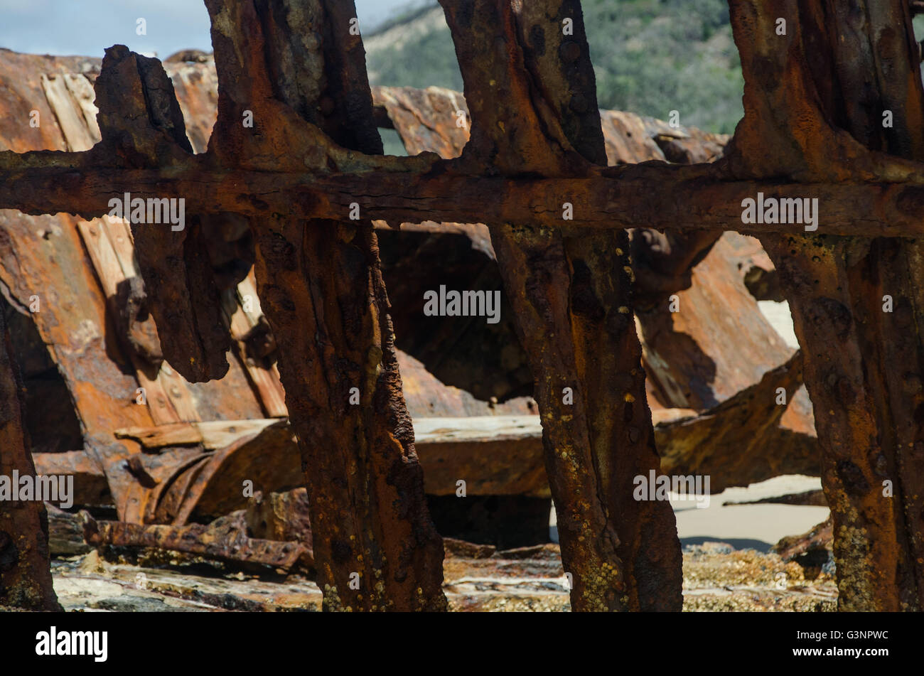 Details of the interior of the SS Maheno luxury shipwreck on clear blue ...