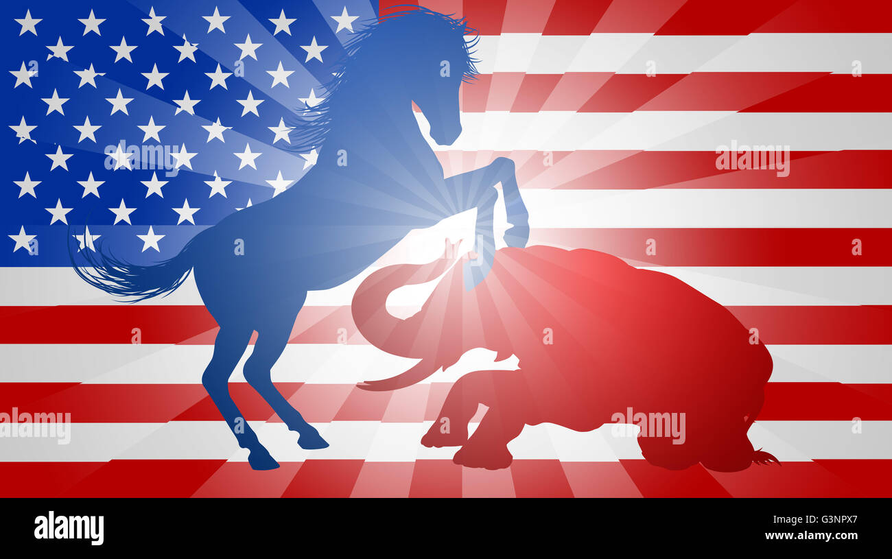 A donkey and elephant fighting in silhouette, with the donkey winning ...