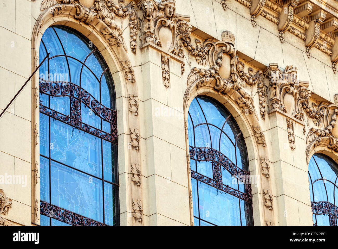 stone facade on classical building with ornaments and sculptures Stock ...