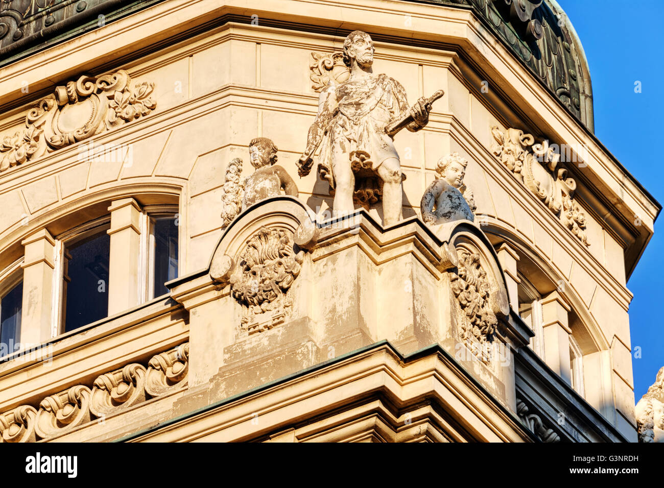 stone facade on classical building with ornaments and sculptures Stock ...