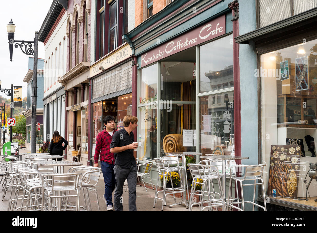 Street scene with old historic buildings and storefronts in downtown ...