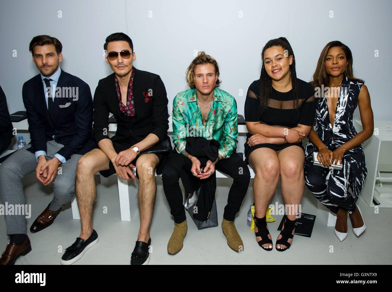 (left to right) Johannes Huebl, Hu Bing, Dougie Poynter, (Unknown) and ...