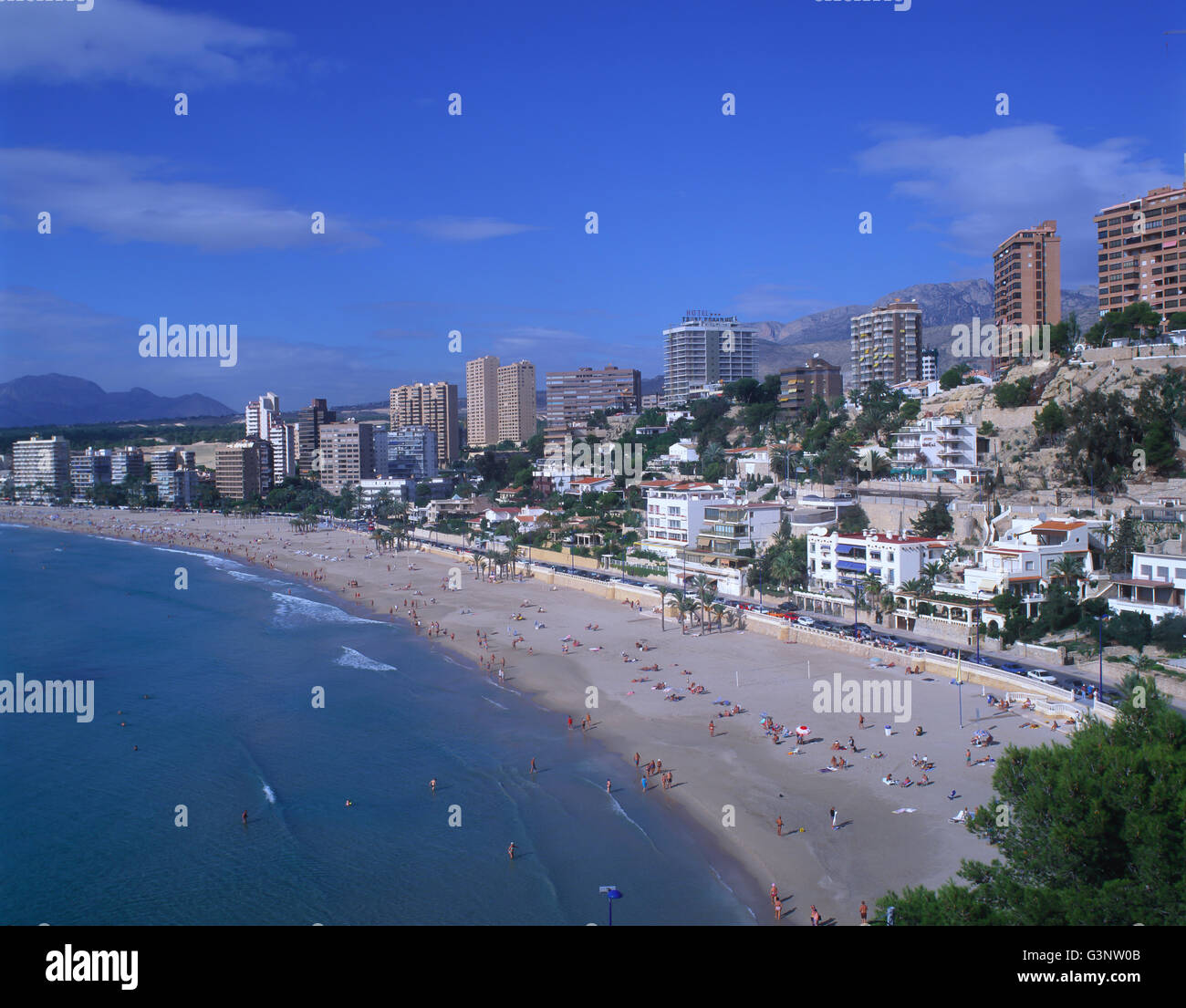 Spain, Benidorm, Playa de Poniente Beach, with long golden sandy coast ...