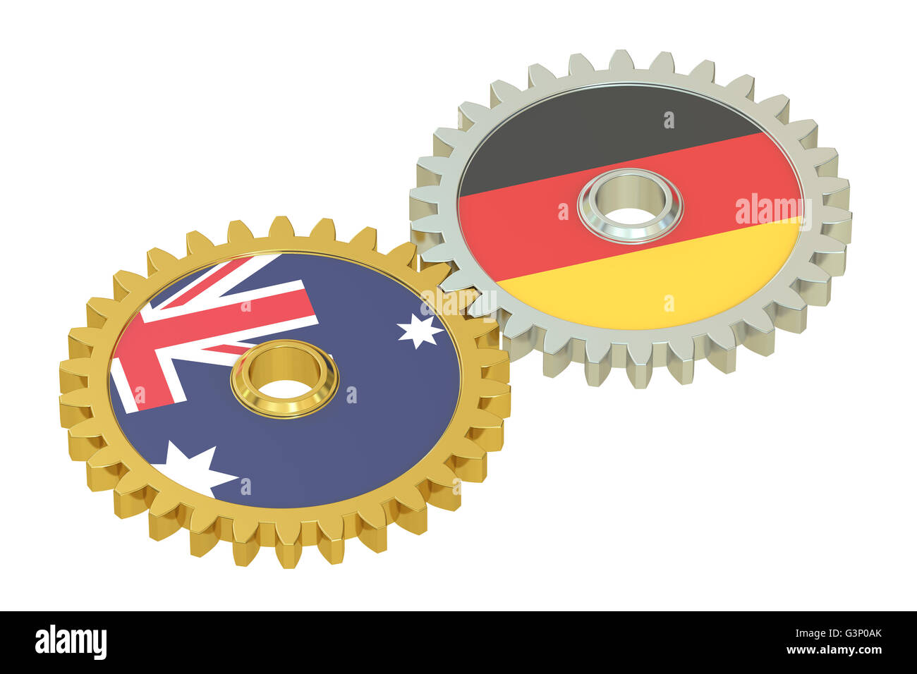 Australia and Germany flags on a gears, 3D rendering isolated on white ...