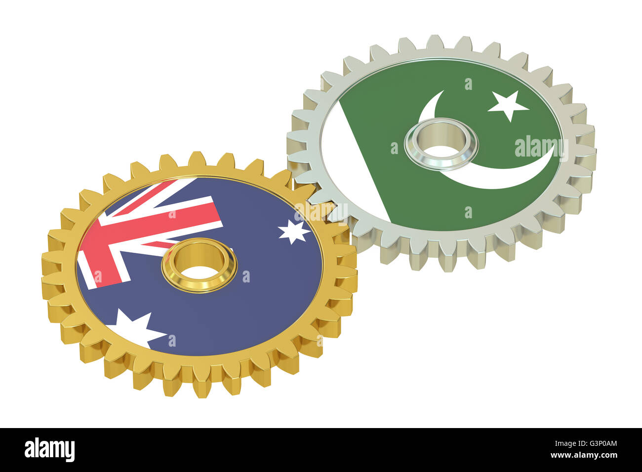 Australia and Pakistan flags on a gears, 3D rendering isolated on white ...