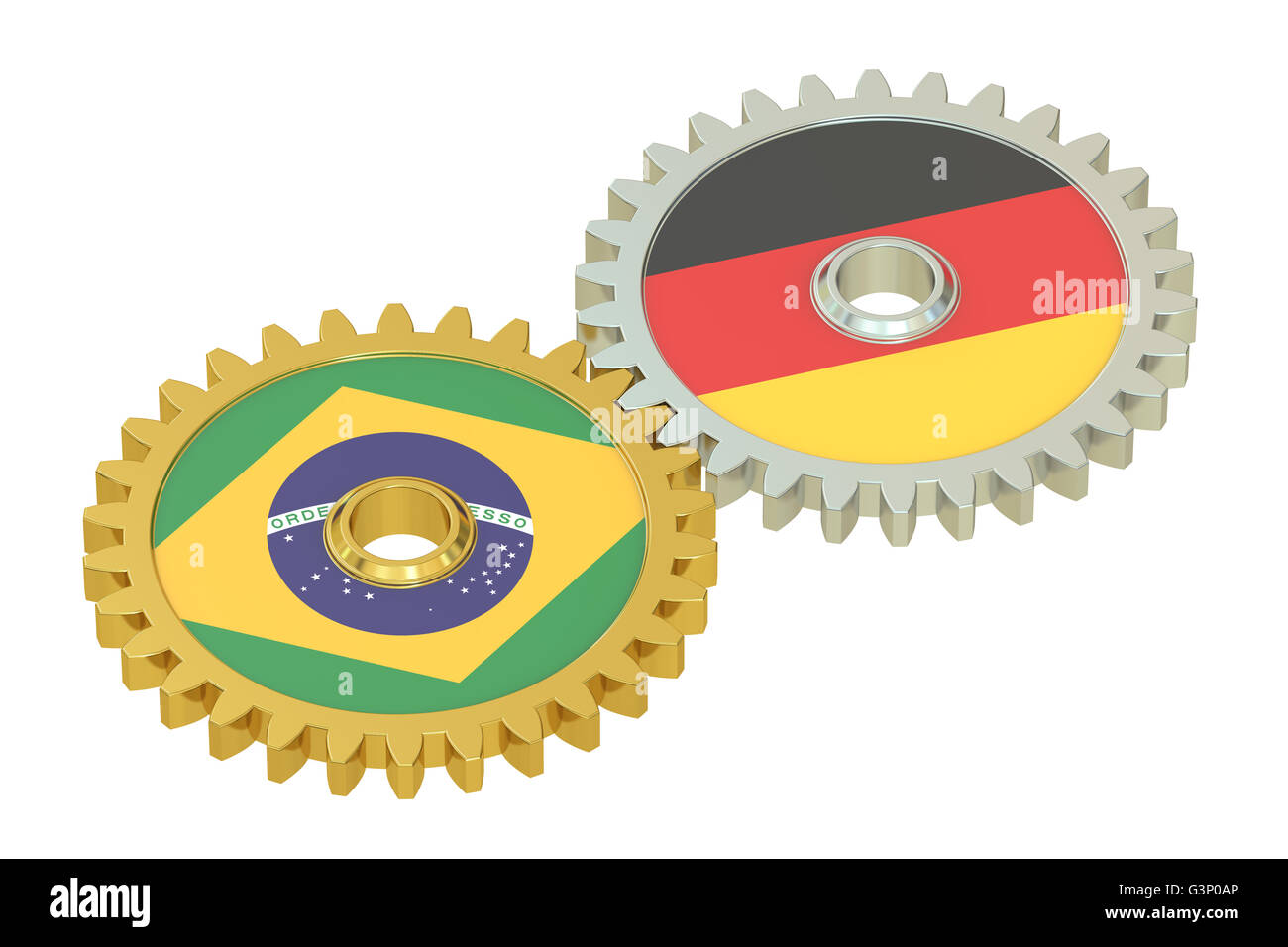 Brazil and Germany flags on a gears, 3D rendering isolated on white ...