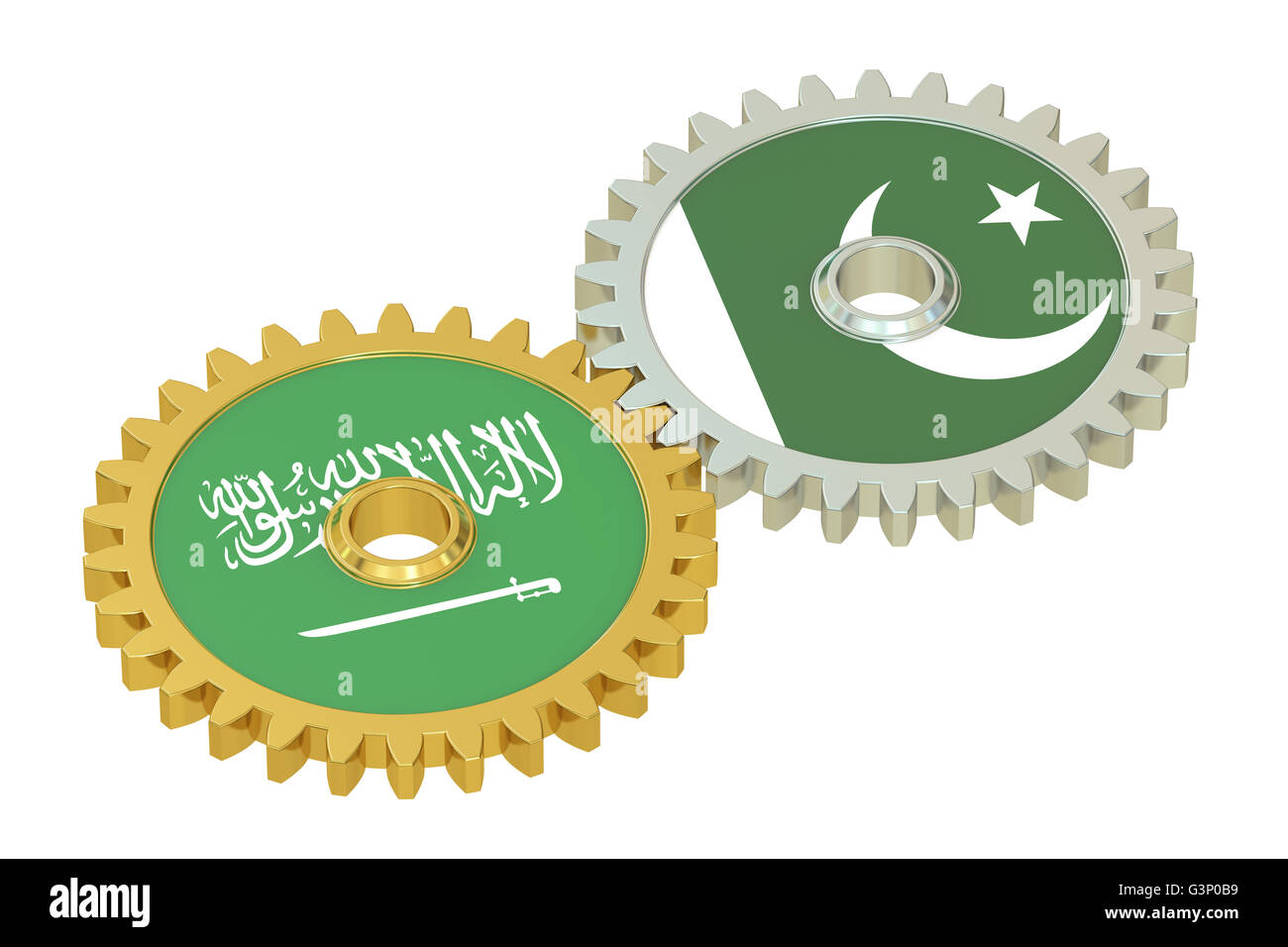 Saudi Arabia and Pakistan flags on a gears, 3D rendering isolated on ...