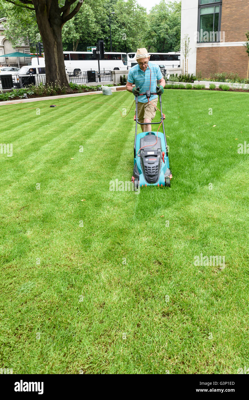 Man mowing lawn, London Stock Photo - Alamy