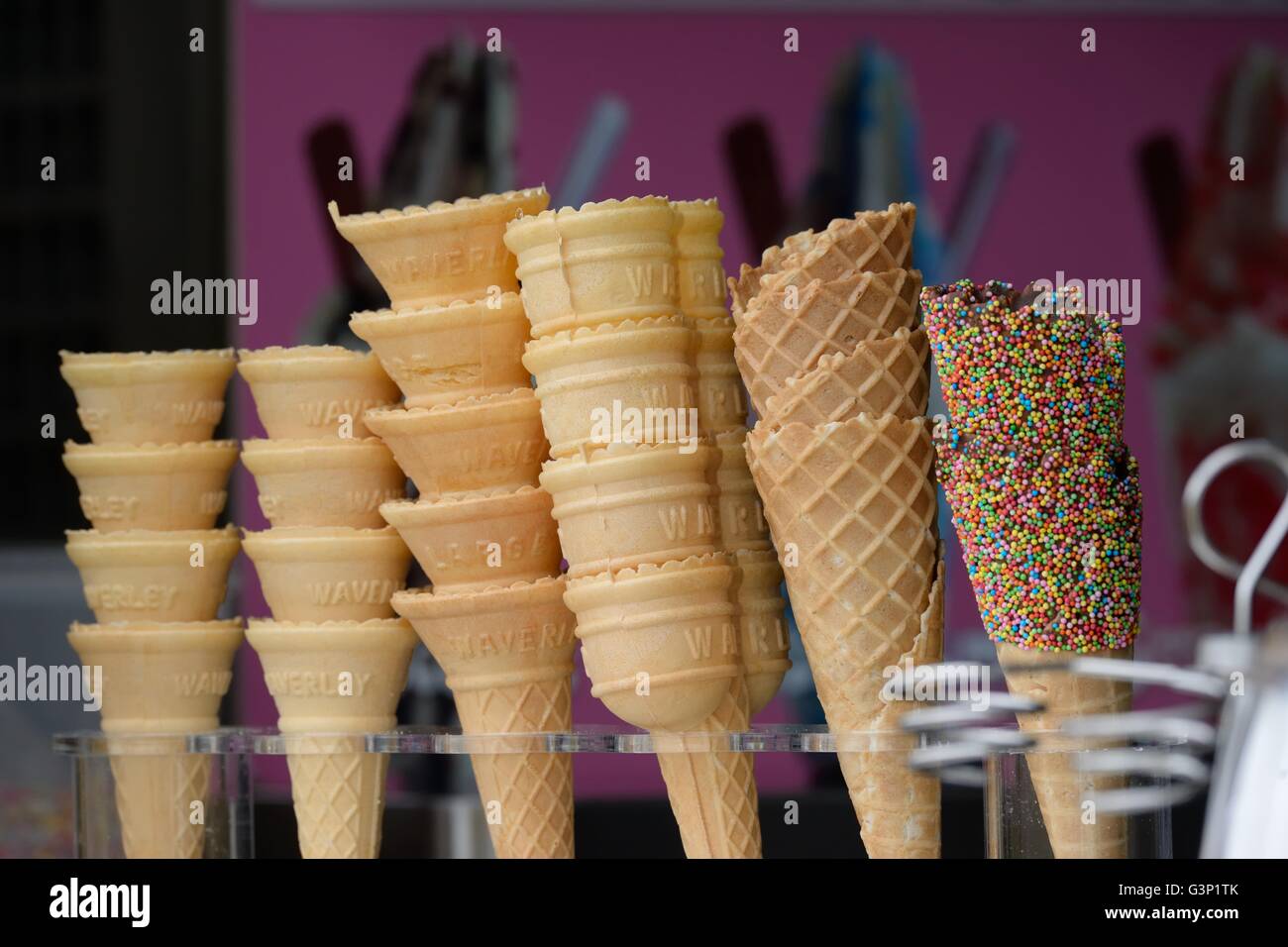 Various ice cream cone wafers stacked ready for use Stock Photo - Alamy
