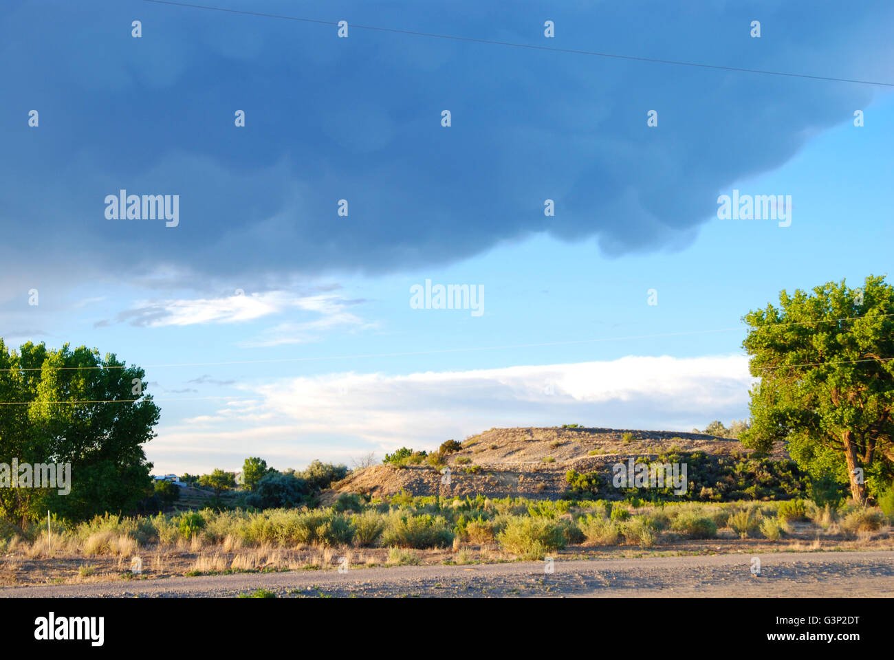 New Mexico sky and desert land. Hills in the backgound, trees in the ...