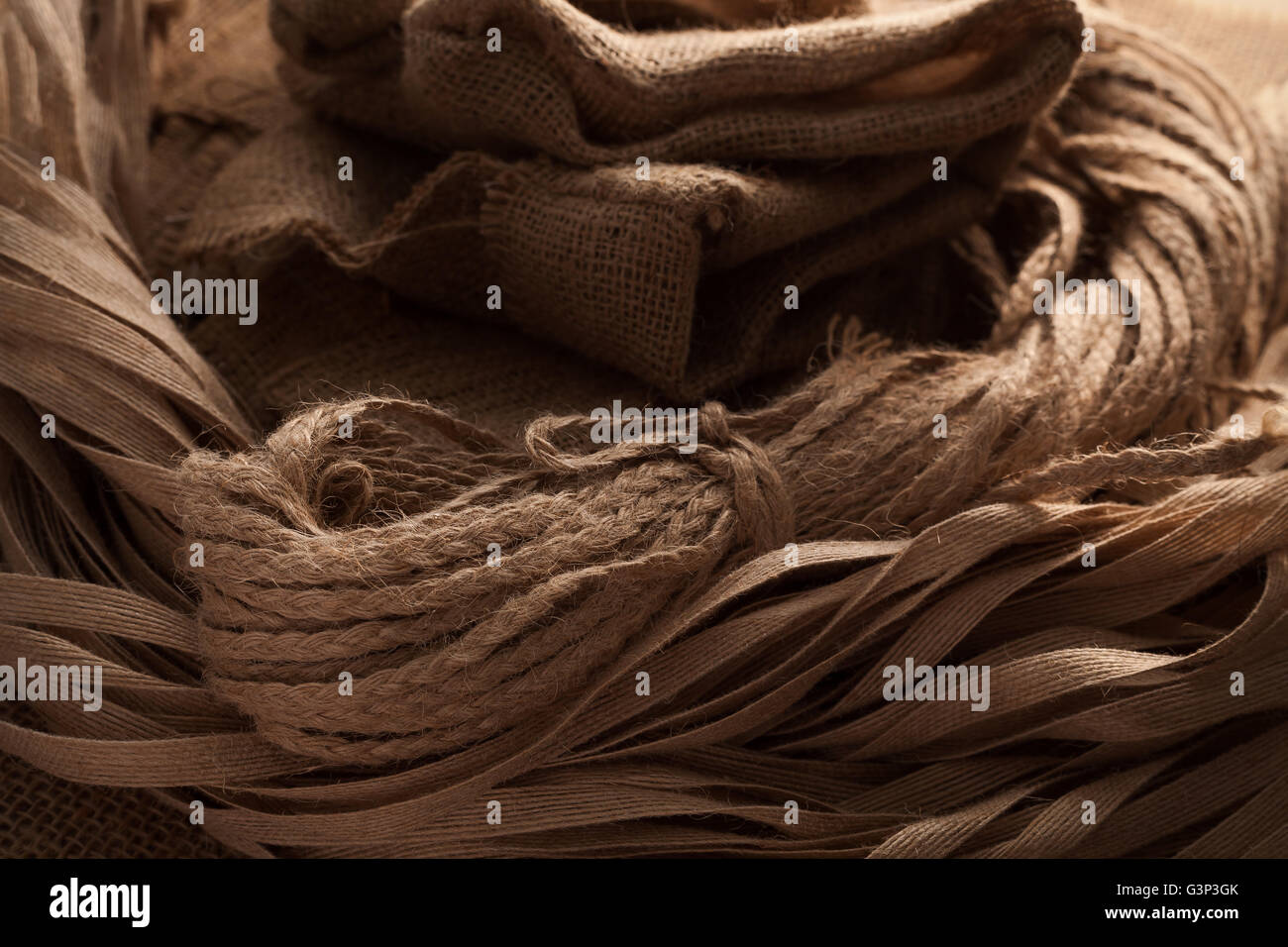 rope flax sack still life sackcloth background rustic flat lay Stock ...