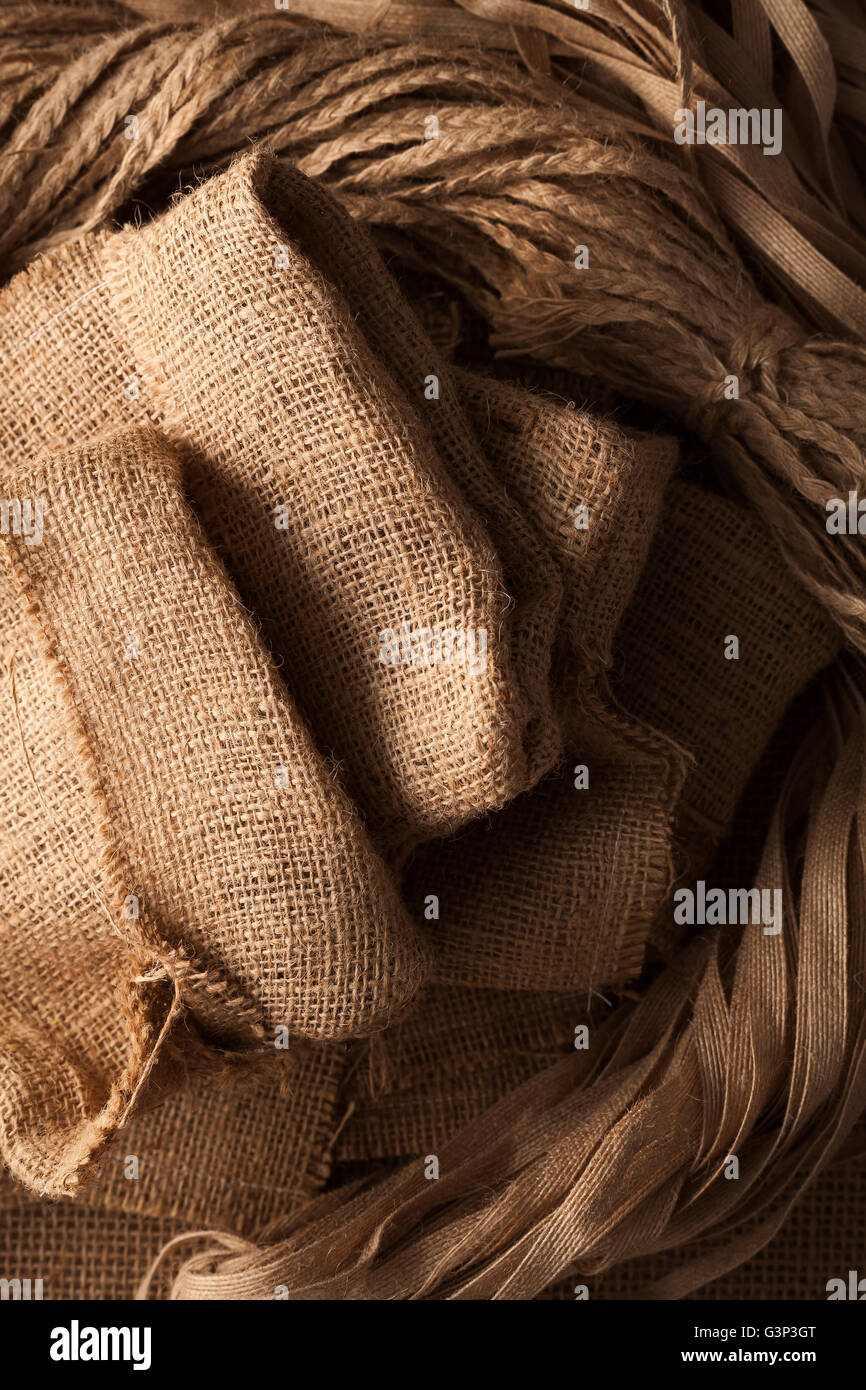 rope flax sack still life sackcloth background rustic flat lay Stock ...